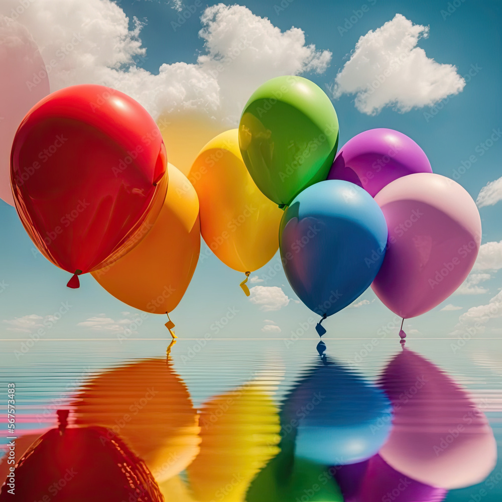 rainbow colored balloons floating in the sky over water symbolizing ...