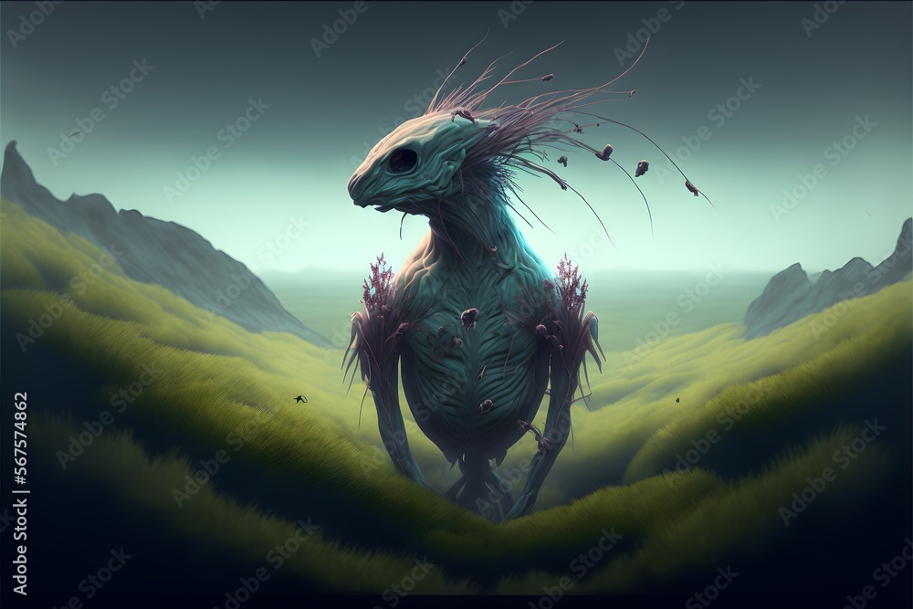surreal creature nesting in grass full body in nature environment ...