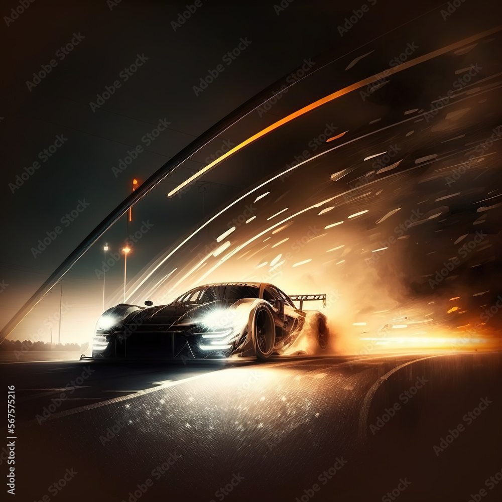 car in race track at night, Drag racing car at the start competition at ...