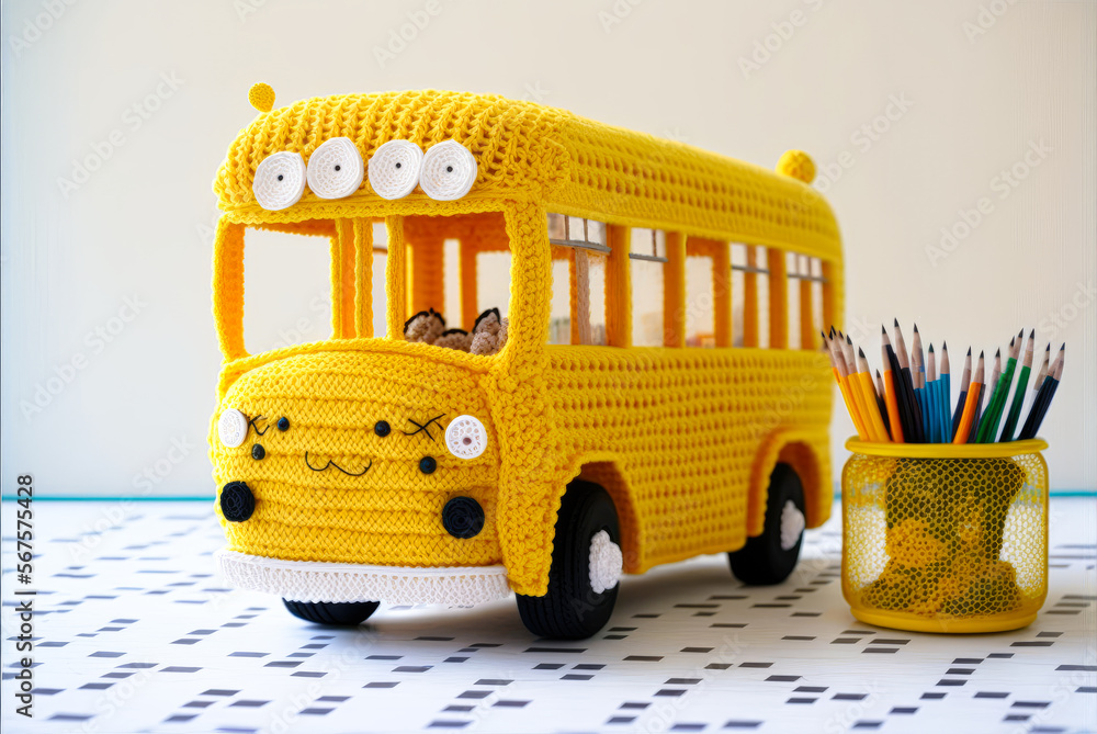 yellow school bus crochet amigurumi on white background - Generative AI ...