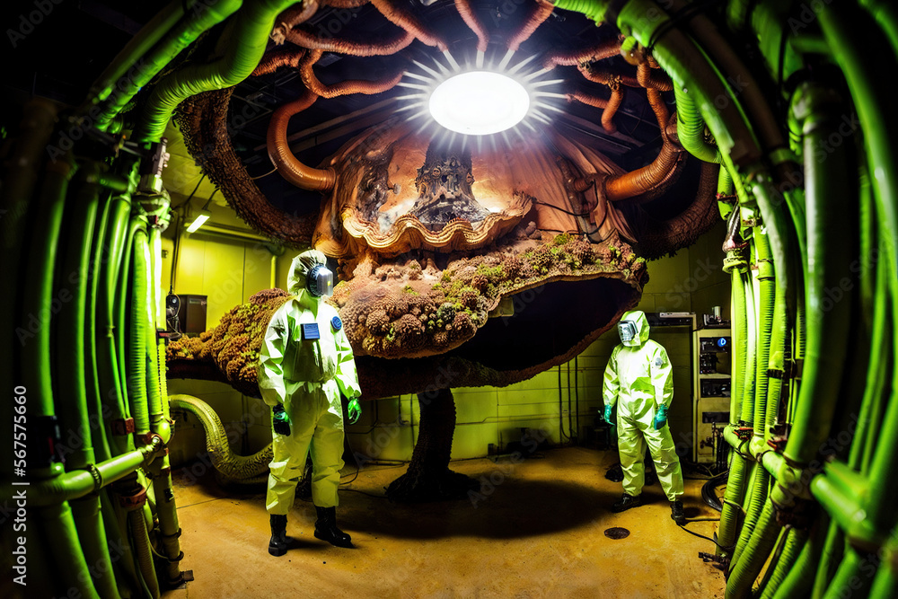 Underground Lab as Hazmat-Wearing Men Look at Alien Fungus Monster ...