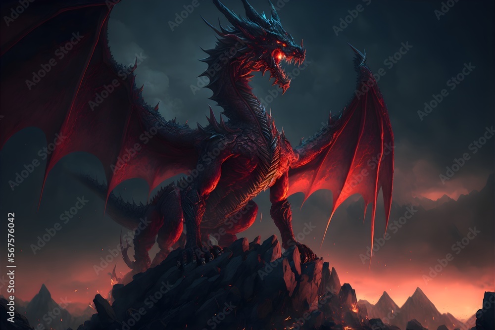good red eternal dragon leader on a fiery mountain black and red ...