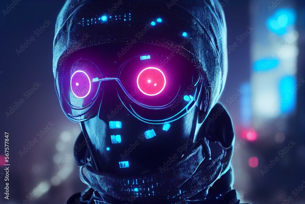hacker in cyberpunk garb skulk under some cyan Christmas lights ...