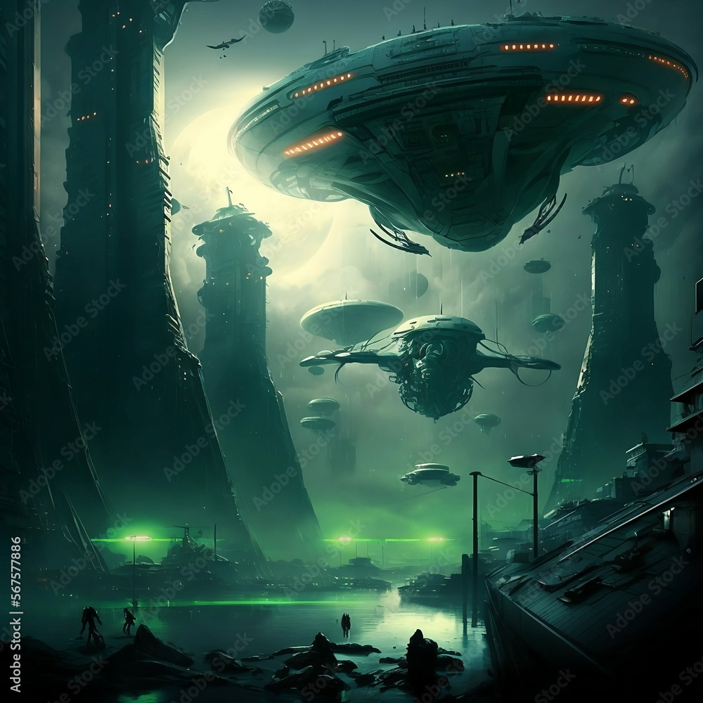 UFO mothership invasion landscape Stock Illustration | Adobe Stock