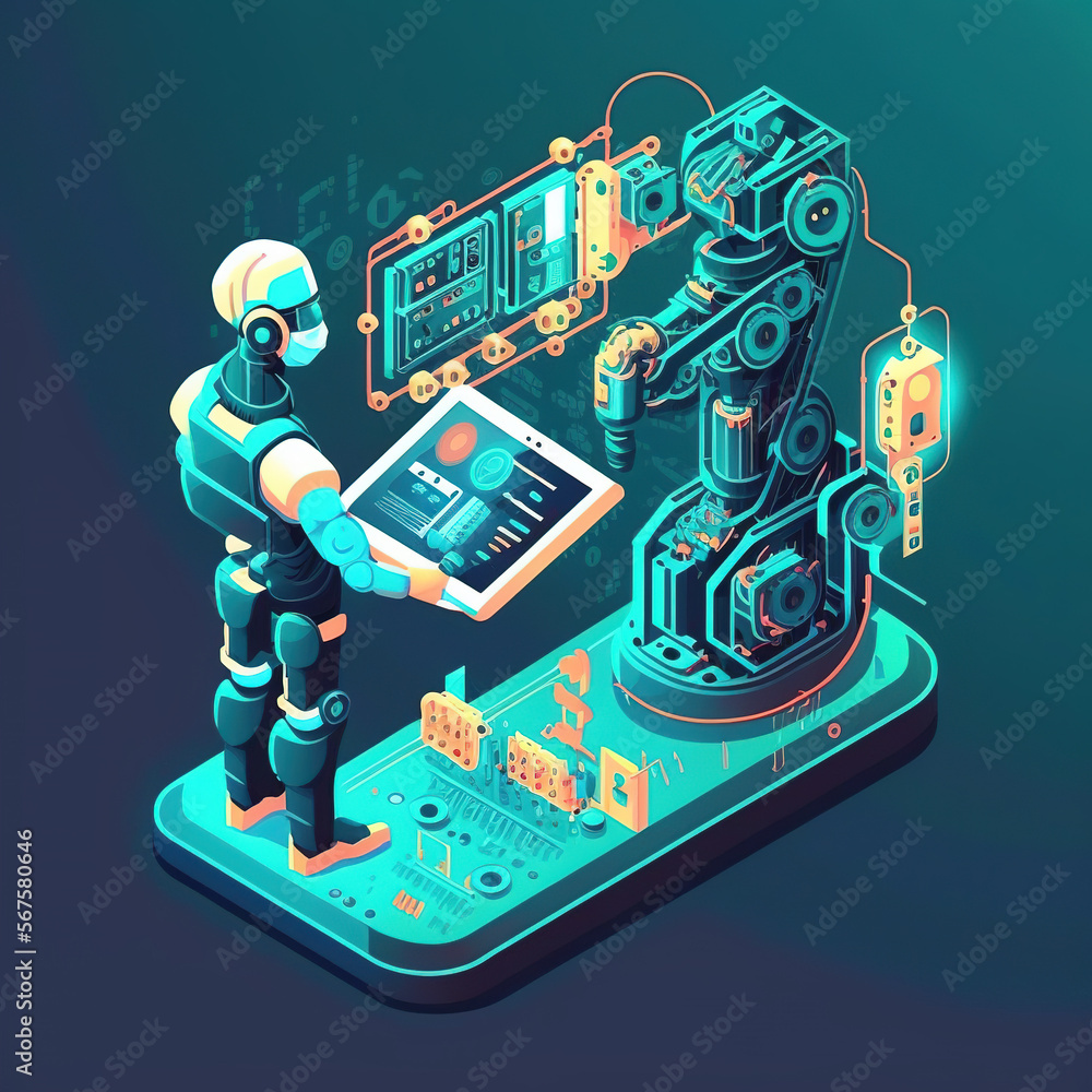 Robot hominoid using tablet computer for engineering science studying using AI thinking brain ...