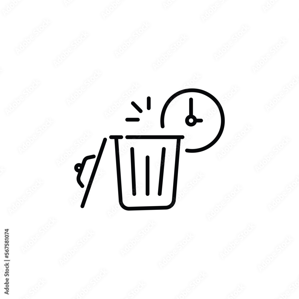 trash bin with clock, icon, recycle time, hour cleaning, waste, thin ...