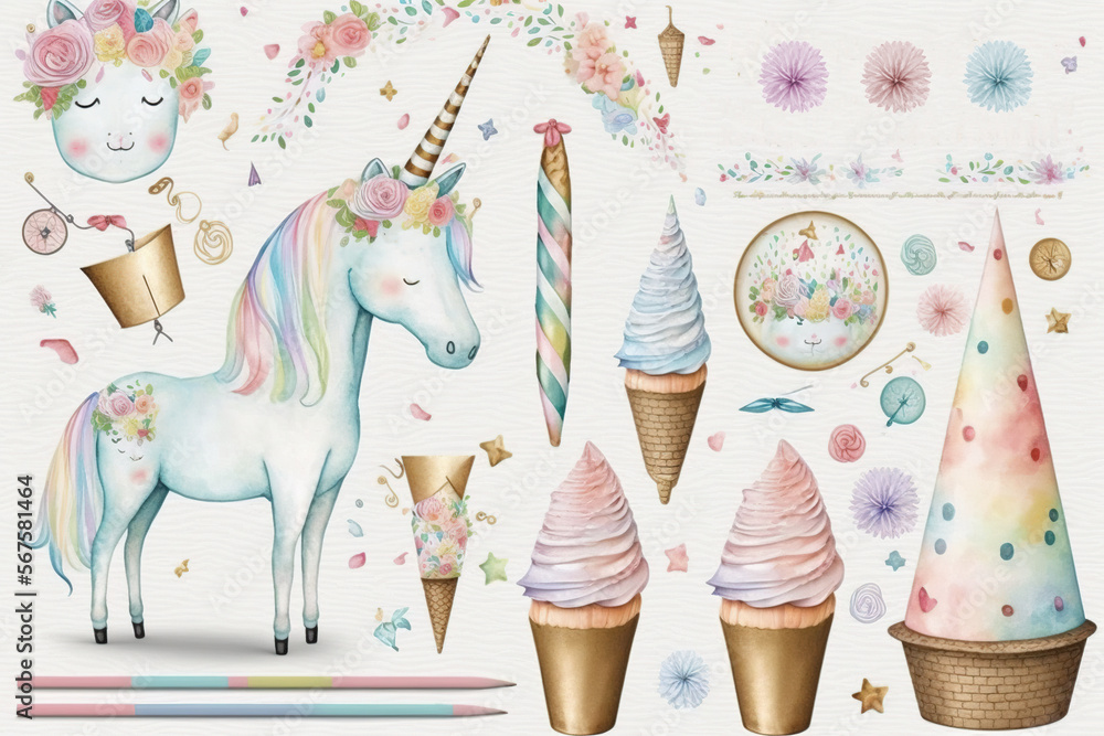 Unicorn birthday party clip art watercolor, Generative AI Stock ...