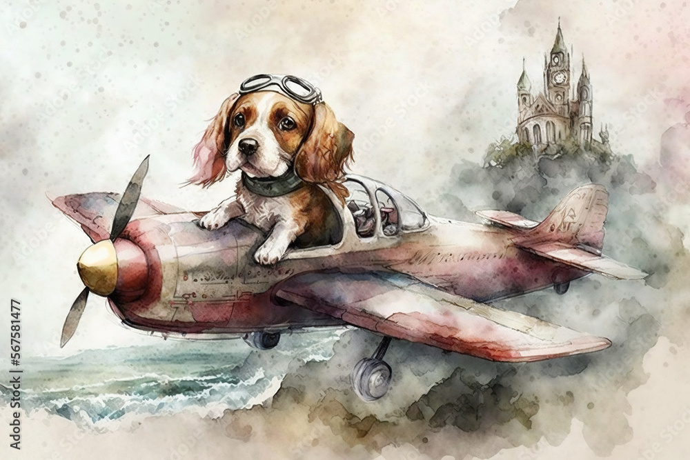 Dog spaniel flying an airplane castle watercolor, Generative AI Stock ...