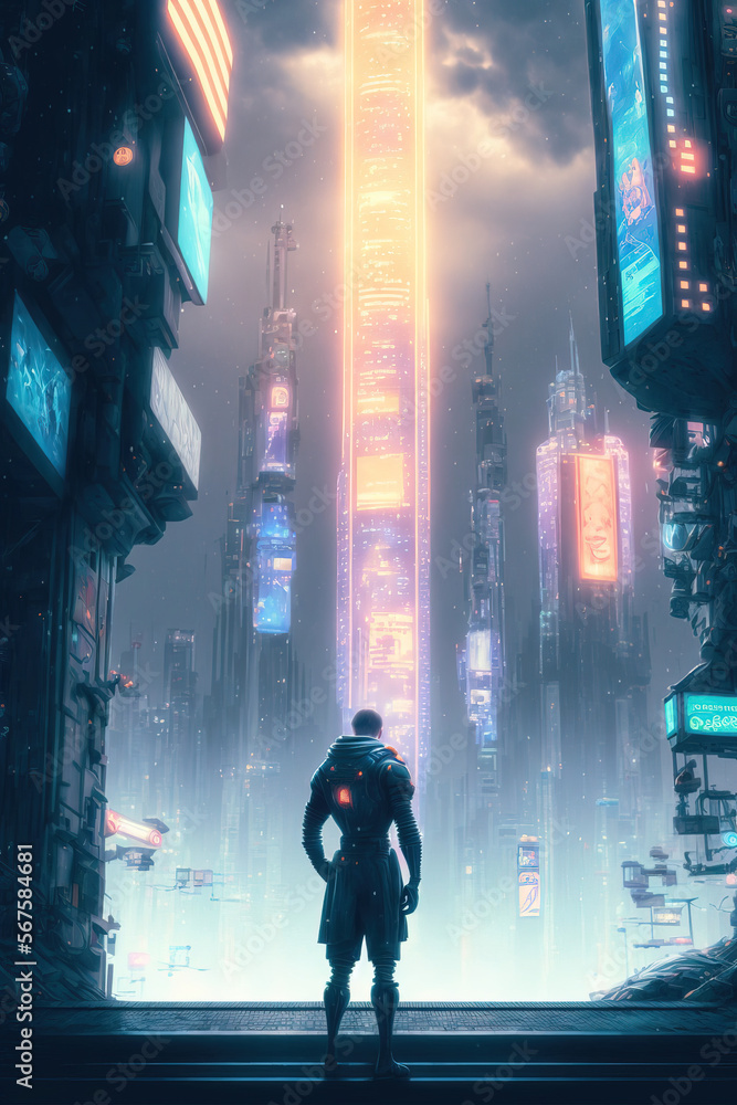 Cyberpunk world landscape concept art with person walking in the ...