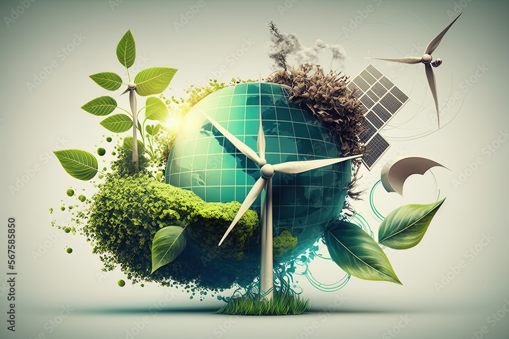 Renewable energy background with green energy as wind turbines and solar panels. green energy ...