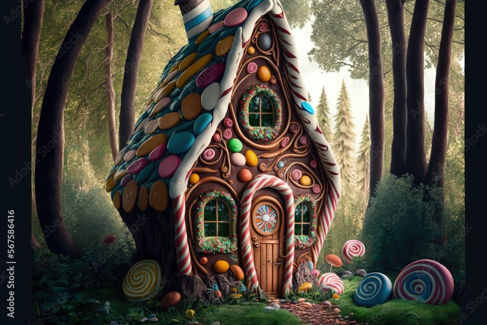 House made of candy in enchanted forest of fantasy world, 3D ...