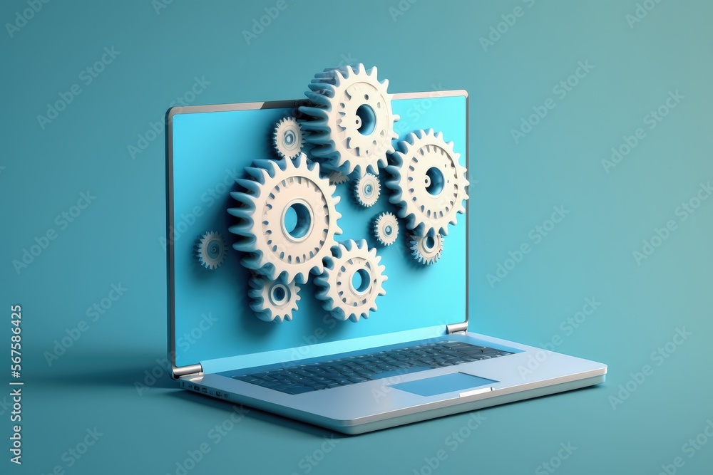 Laptop with gears on screen on blue background, settings concept ...