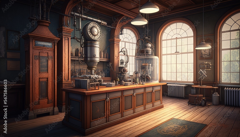 Steampunk lab, old science laboratory with steam engines, digital ...