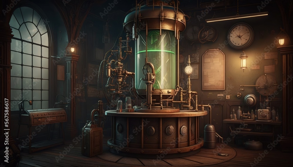 Steampunk lab, old science laboratory with steam engines, digital ...