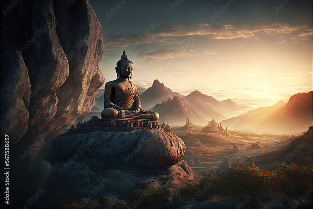 Buddhism religion symbol, buddha statue at beautiful amazing sunset ...