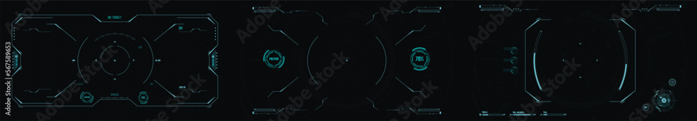 Spaceship target HUD interface screen elements set. Futuristic GUI interface for drone, game, VR ...