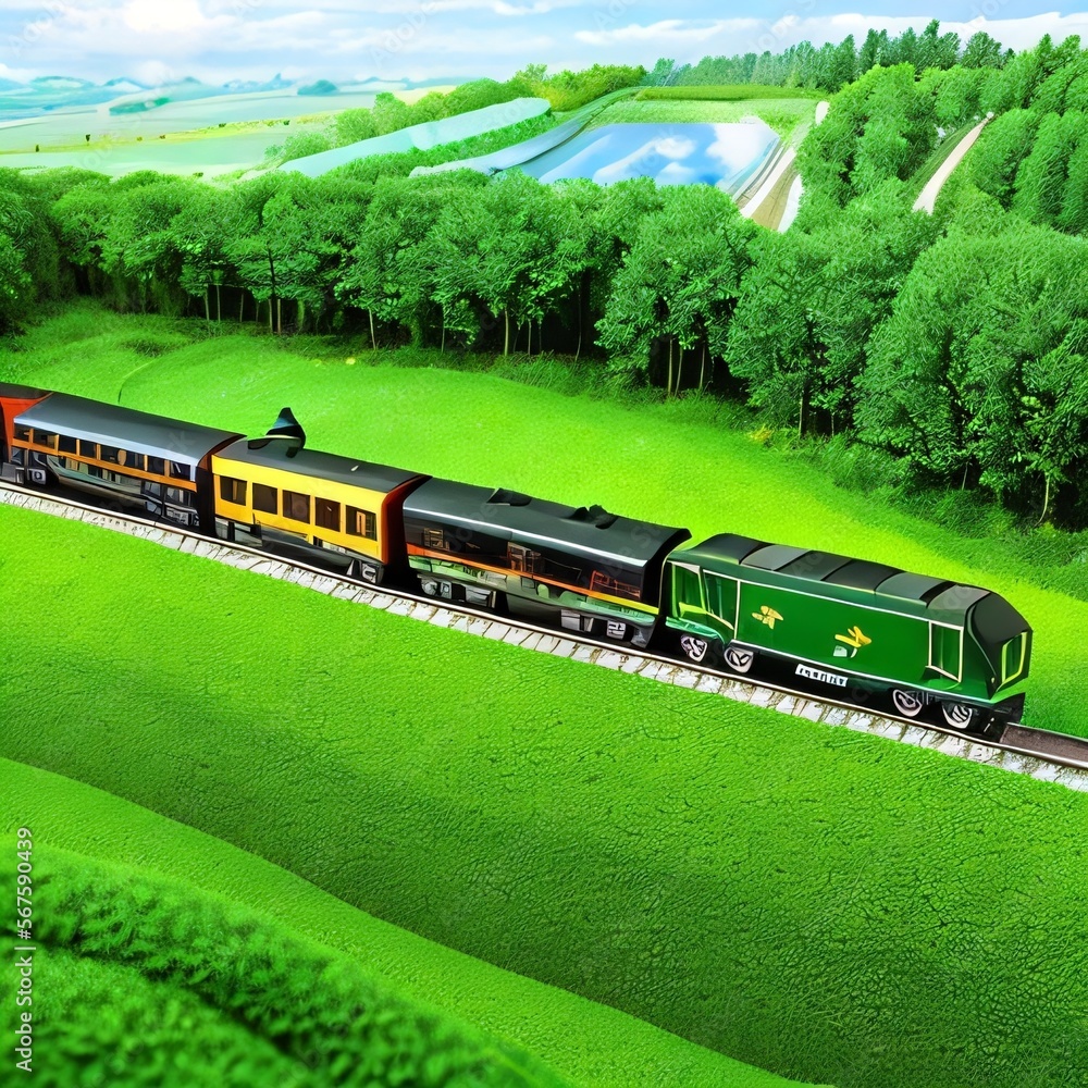 Generative AI Illustration of moving train passing the forest during ...