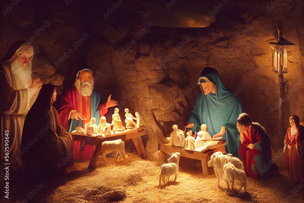 Christmas decorative creche with Holy family. Christmas creche with ...