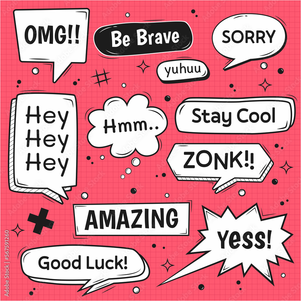 cute speech bubble doodle concept icon set icon design with writing ...