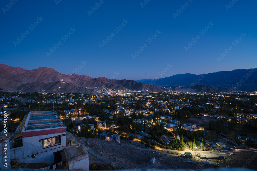 Leh Ladakh at night. Leh Ladakh is the capital and largest town of ...