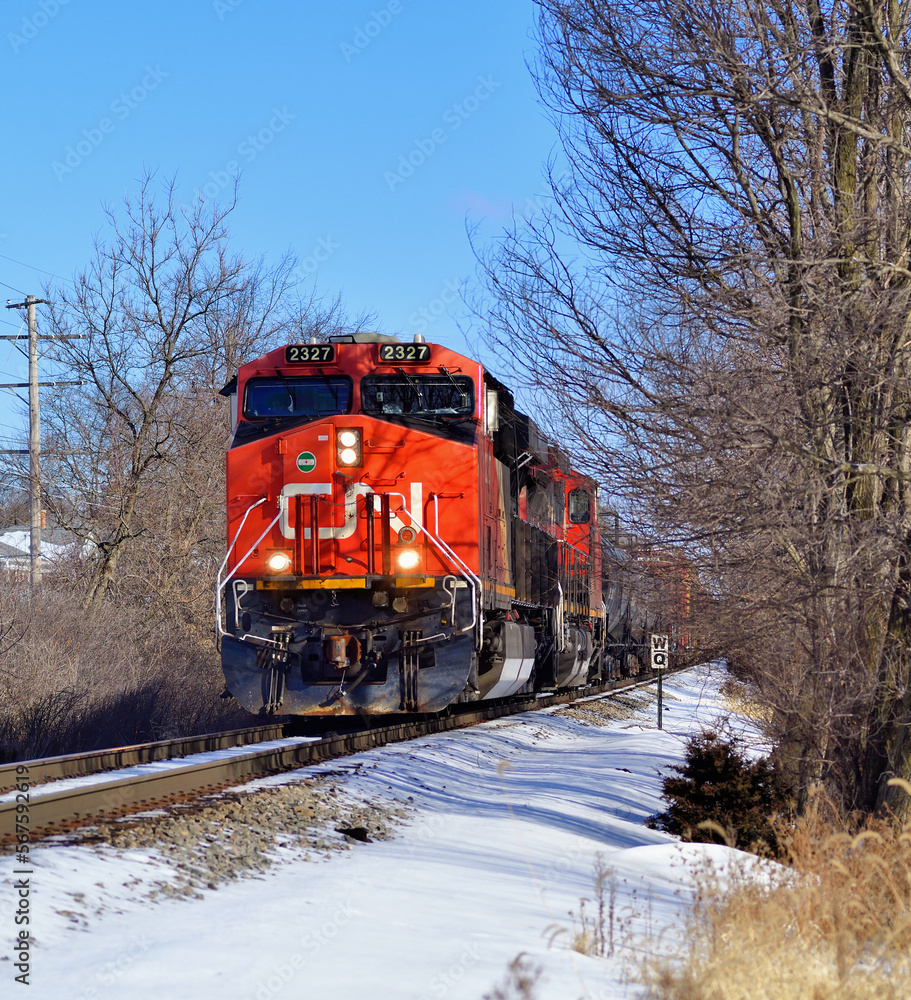 Two Canadian National Railway locomotives lead a freight train ...