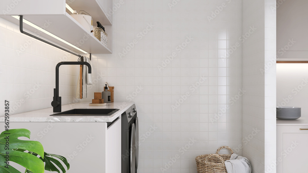 White square tile wall in modern laundry room with terrazzo countertop ...