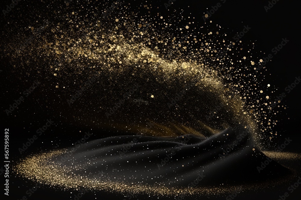 Glitter gold background exploded with flares isolated in dark black ...