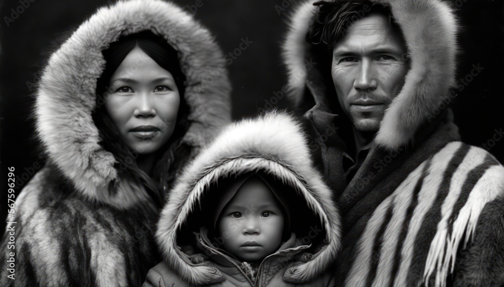 Inuit family portrait, parents and children, looking at the camera ...