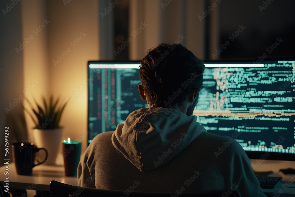 Back view of man coding. Generative AI. Stock Illustration | Adobe Stock