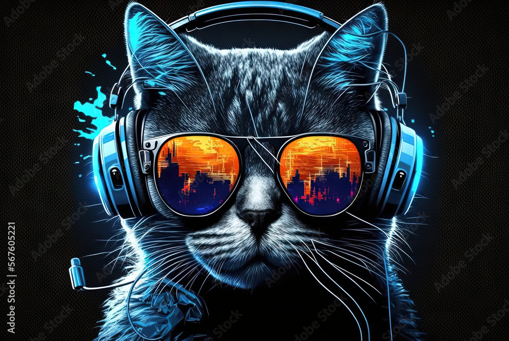 Cool neon party dj cat in headphones and sunglasses Stock Illustration ...