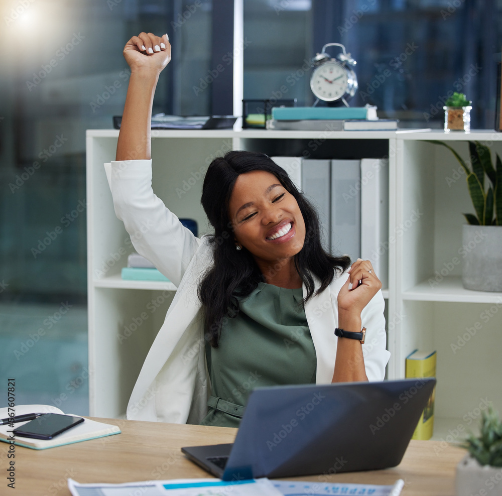 Celebration, laptop and professional black woman in the office with ...