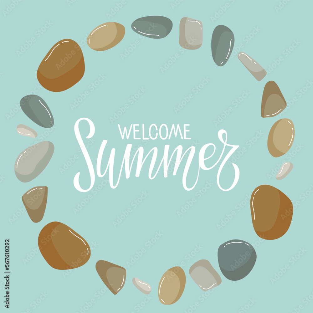 Welcome Summer text in Beach pebbles frame. Round frame with Various ...