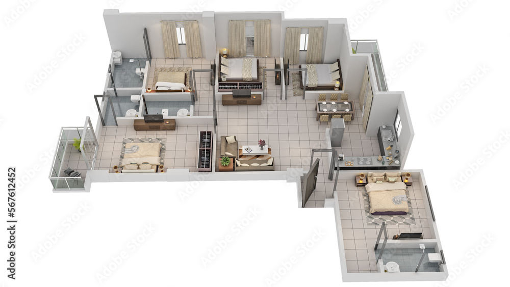 3D rendering floor plan of architecturally furnished residential apartment top view. Bedrooms ...