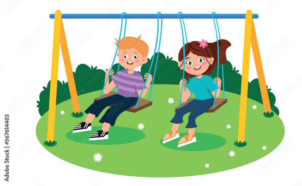Vector illustration of happy children swinging on a swing. A cartoon ...