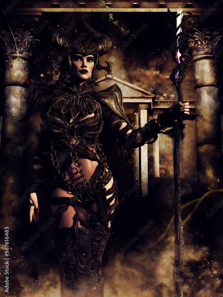 Fantasy scene with a dark sorceress holding a staff with a shining ...