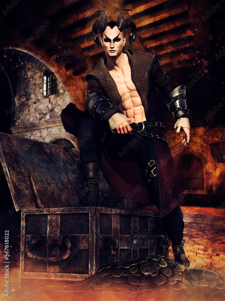 Fantasy demon rogue standing near a treasure chest in a dark dungeon ...