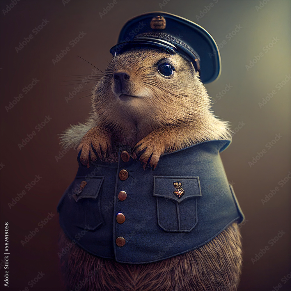 Abstract funny animal portrait of an animal that is in the uniform of a ...