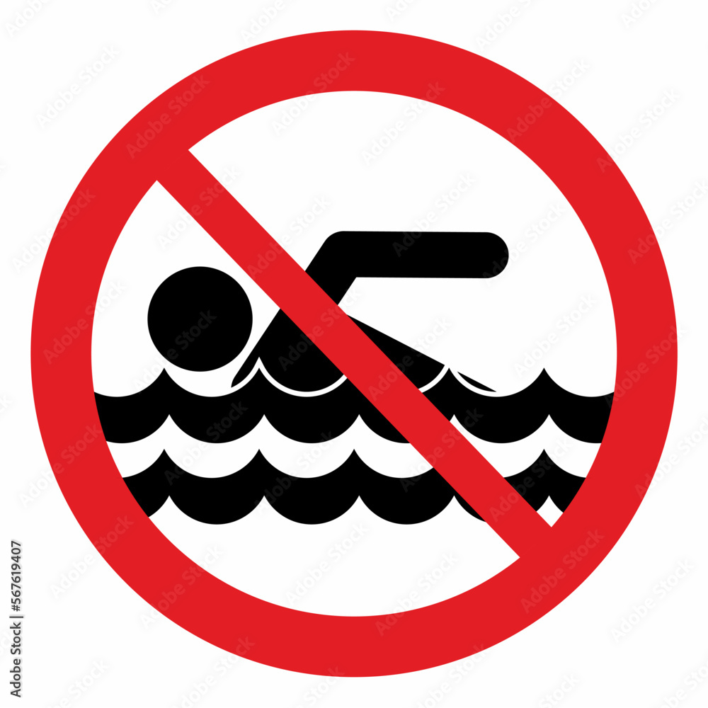 No swimming sign, vector warning symbol, red circle frame, black color ...