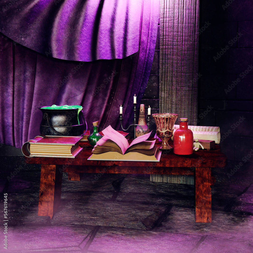 Fantasy scene with a table with books of magic, cauldron, potions, and ...