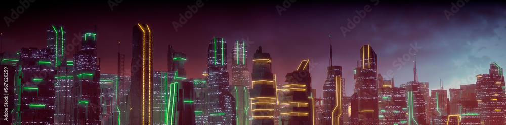 Sci-fi City Skyline with Orange and Green Neon lights. Night scene with ...