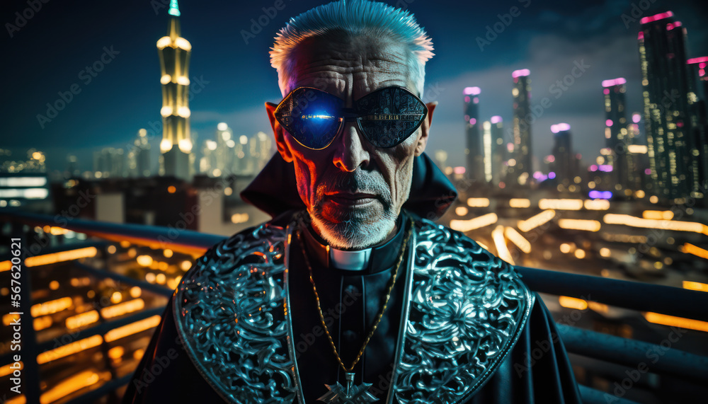 A fictional person. Cyberpunk priest at rooftop. Cyberpunk background ...