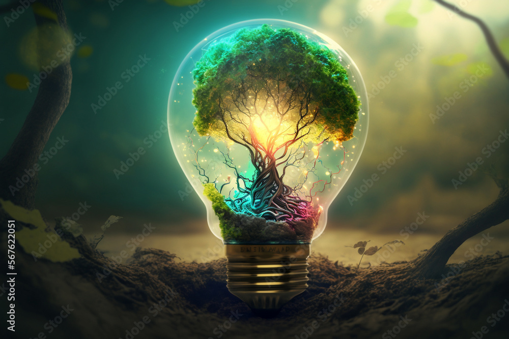 Tree growing in light bulb, sustainable energy saving and earth day ...