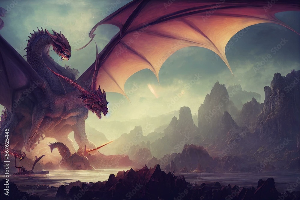 An epic fantasy illustration, featuring a group of heroes defeating a ...