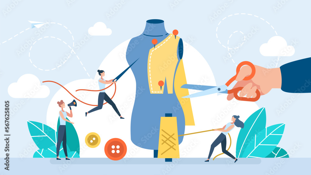 Tiny people with mannequin. Fitting on clothes on mannequin. Process of ...