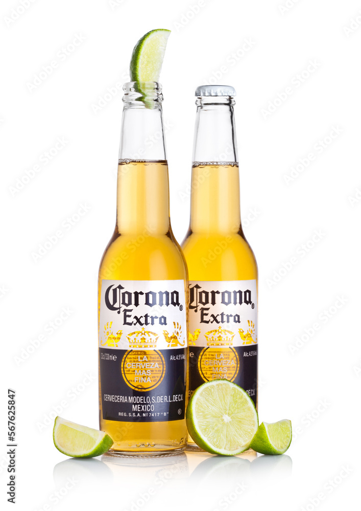 LONDON, UK - MARCH 10, 2018 : Bottles of Corona Extra Beer with lime ...