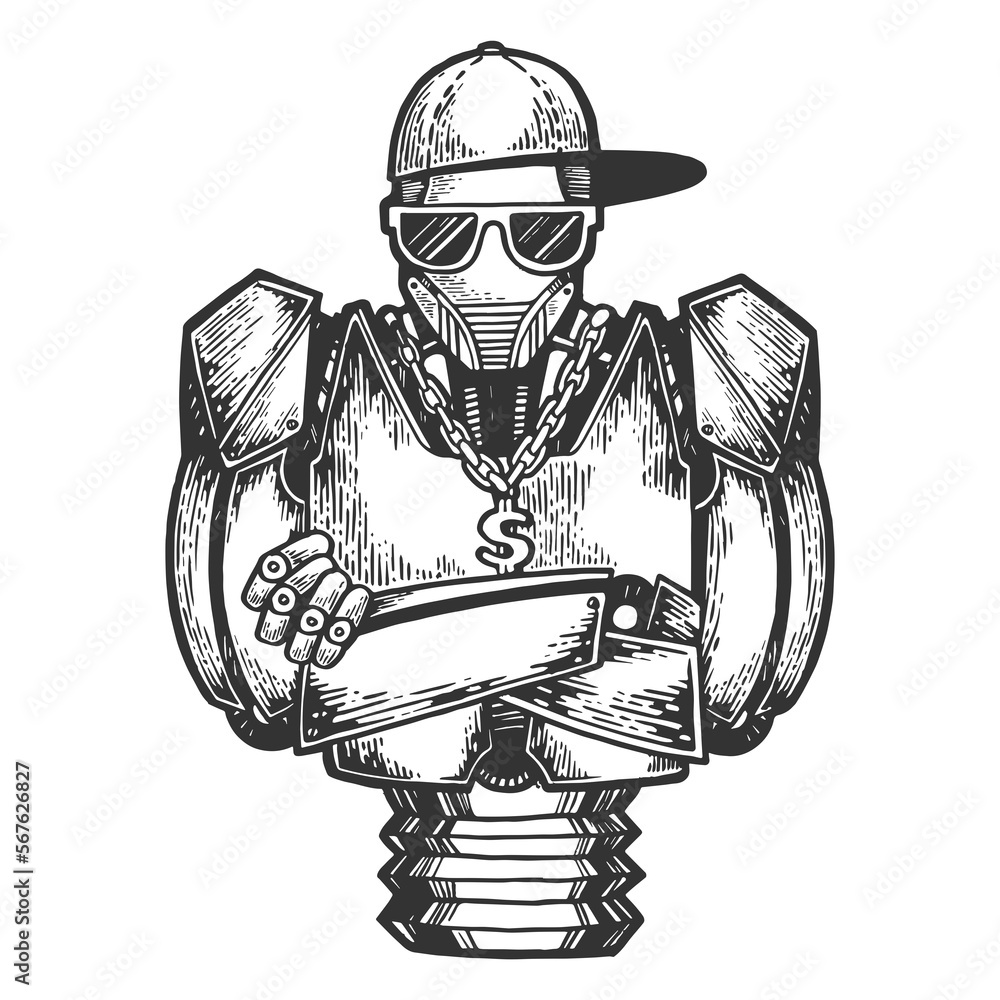Cyborg robot rapper sketch engraving PNG illustration with transparent ...