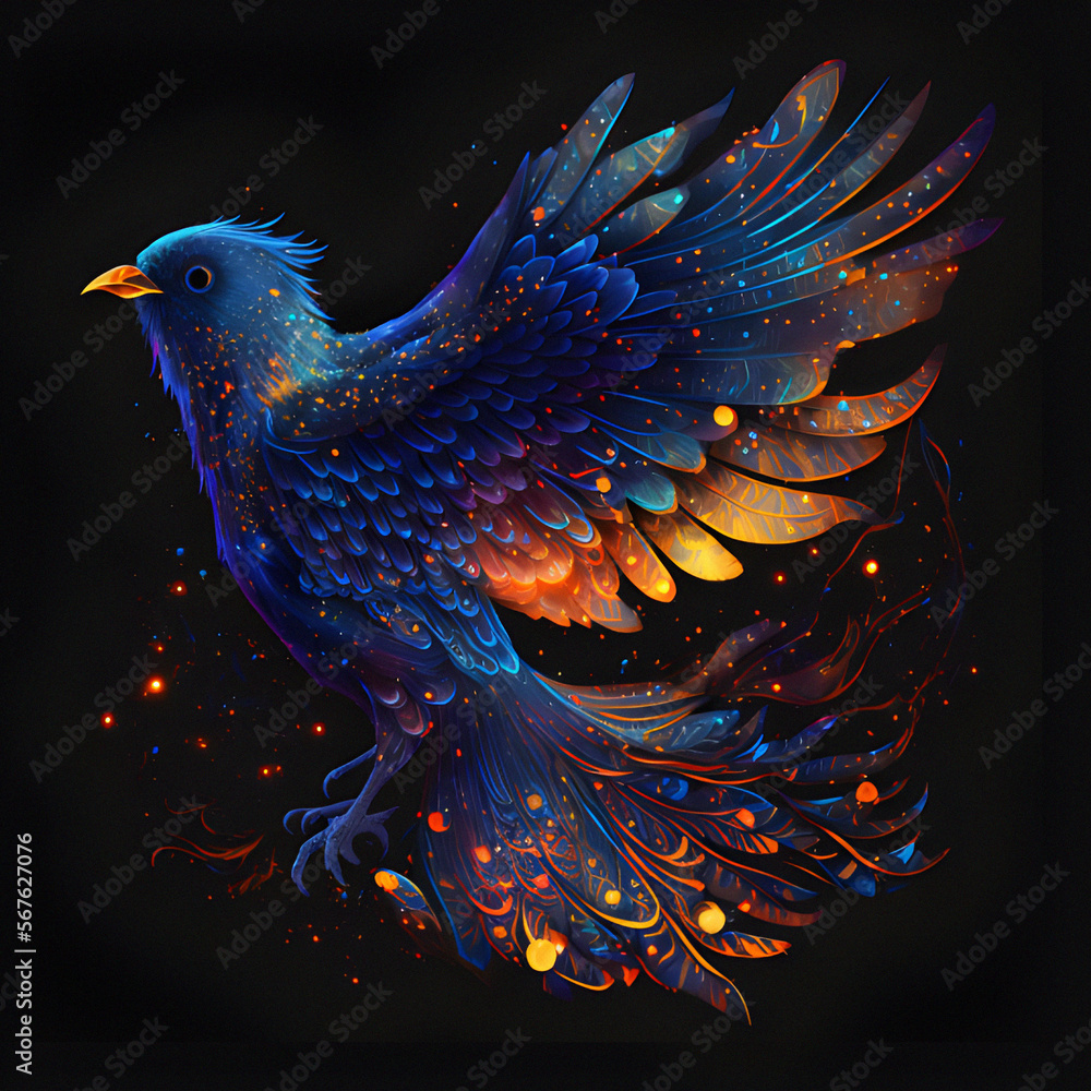 Fire bird fly in dark, iridescent feathers glow in the shadows, its ...