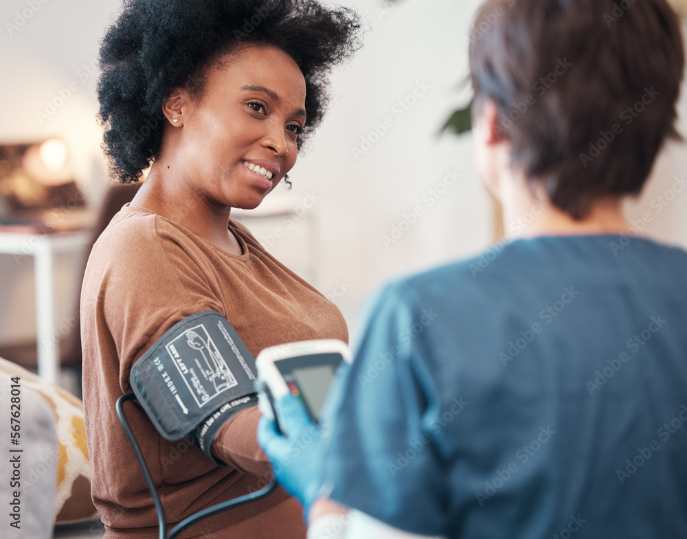 Black woman, healthcare and blood pressure checkup with caregiver ...