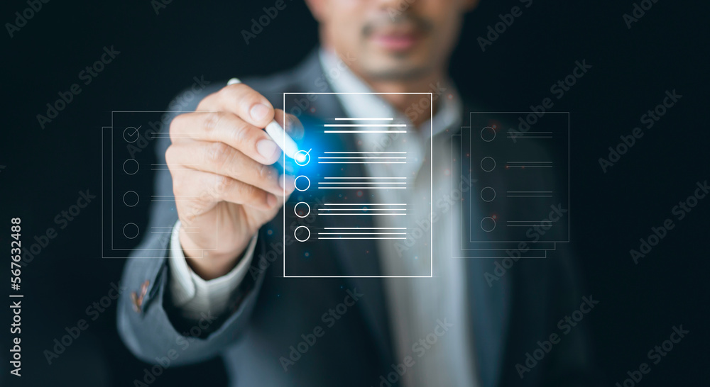 Businessmen touch on virtual screen contact questionnaires with ...