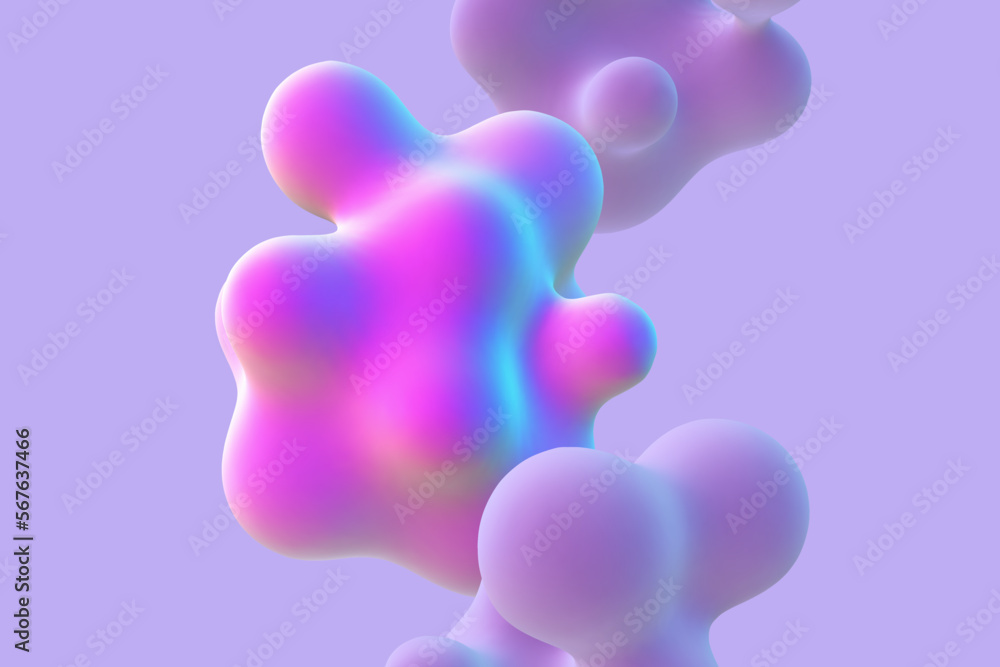 3D abstract liquid bubbles on purple background. Concept of future science: floating morphing ...